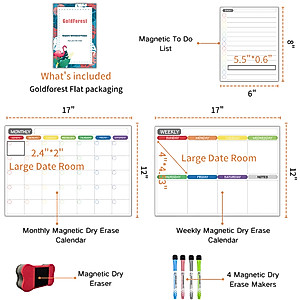 GOLDFOREST® 2024 Fridge Calendar Refrigerator Magnetic Dry Erase Board,17x12" Monthly and Weekly Whiteboard, Daily Organizer Planner/Grocery List, 4 Fine Tips Markers and Free Eraser, New Year Gift