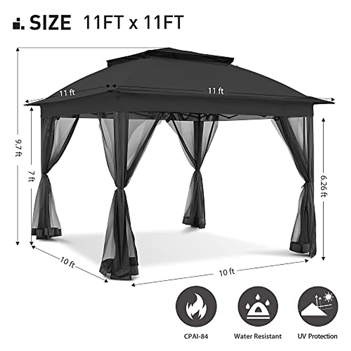Joyside 11'x11' Pop Up Gazebo for Patios Gazebo Canopy Tent with Sidewalls Outdoor Gazebo with Mosquito Netting Pop Up Canopy Shelter Wedding Tent (Black)