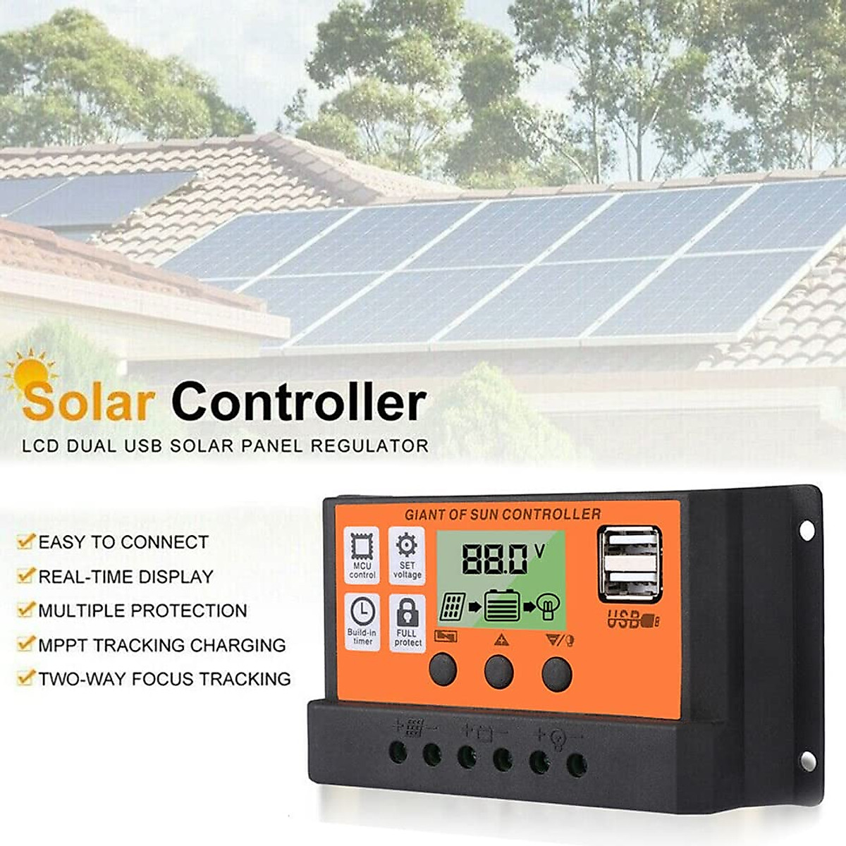100A Solar Charge Controller, Solar Panel Battery Intelligent Regulator with Dual USB Port 12V/24V, Multi-Function Adjustable LCD Display Street Light Controller (Orange)