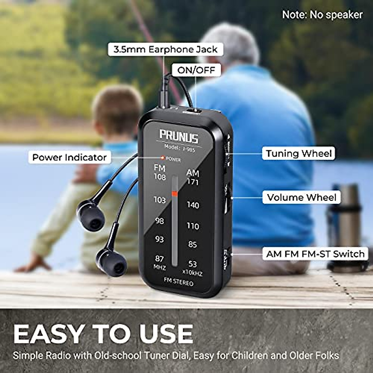 Pocket Radio Mini AM FM Stereo Radio Portable Battery Operated Radio, Includes Headphones, with Back Clip and Signal Indicator, Operated by AAA Batteries for Walking and Jogging, J-985 by PRUNUS