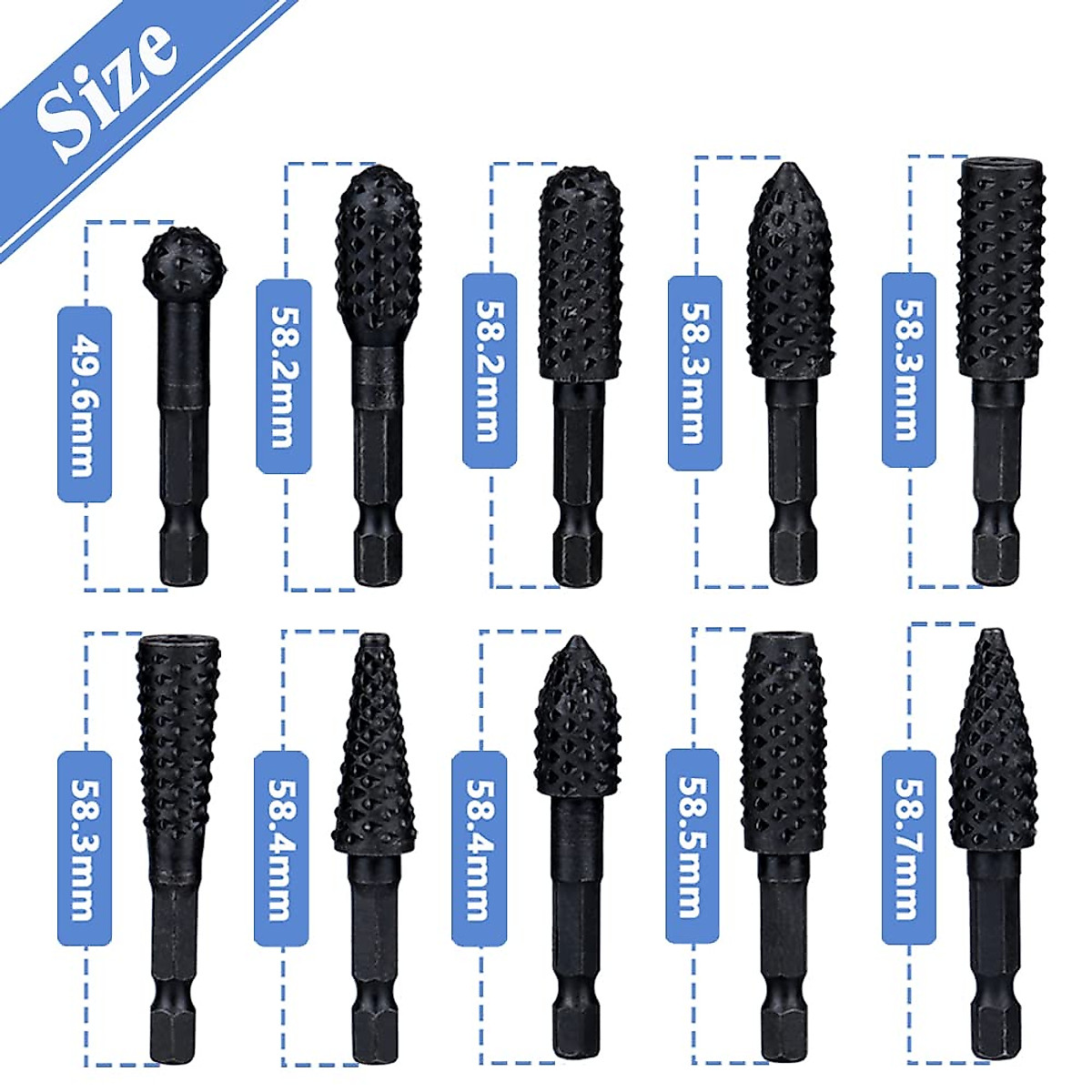 Mesee 10 Pieces Rotary Burr Rasp Set, 1/4 Inch Hex Shank Quick Change Wood Carving Drill Bits Carbon Steel File Rasp DIY Woodworking Tool for Wood Plastic Engraving Polishing Grinding