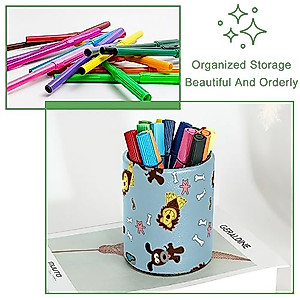 Large Capacity Round Pen Holder for Desk Cartoon Mini Animals Pencil Cup Organizer for Office, Classroom, Home, PU Leather Makeup Brush Holders