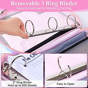 FIODAY Zipper Binder, 2 inch 3 Ring Binder with Zipper Cute Binder with Handle and Shoulder Strap Multiple Pocket 500 Sheet Capacity Binder Organizer for School, Blue Purple