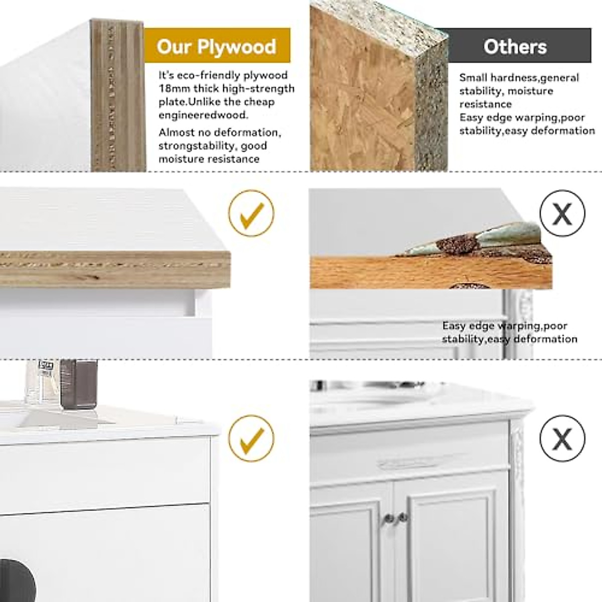 NOTOP 24" Bathroom Vanity with White Ceramic Sink Comb, Modern Freestanding Solid Wood Cabinet Set,Included Two Soft Close Doors with Black Zinc Alloy Handles & A Lower Open Shelf, 26IN