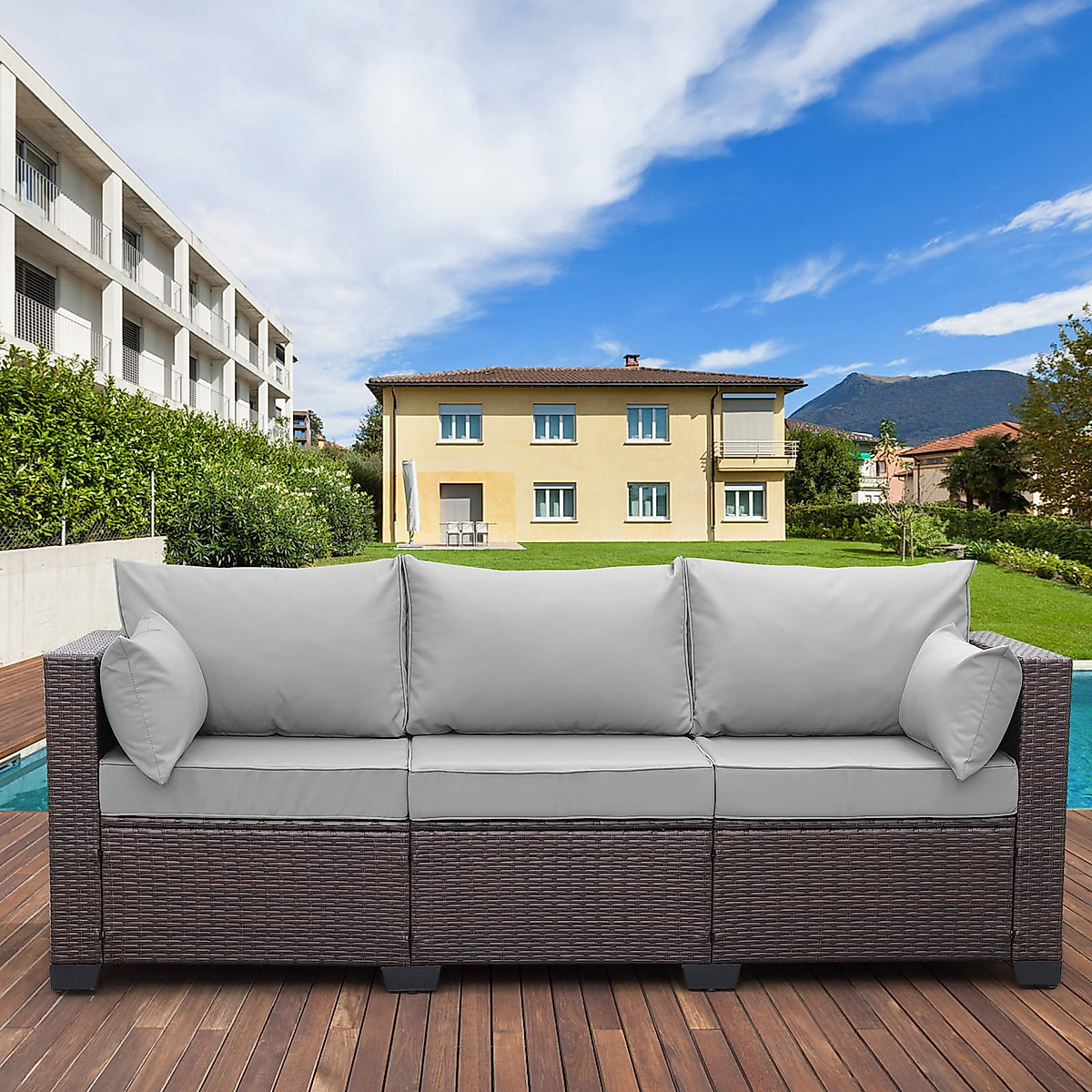 Rattaner Patio Furniture 3 Seater Sofa Outdoor Furniture Outdoor Couch Deep Seat Hight Backrest with Waterproof Cover, Grey Anti-Slip Cushions