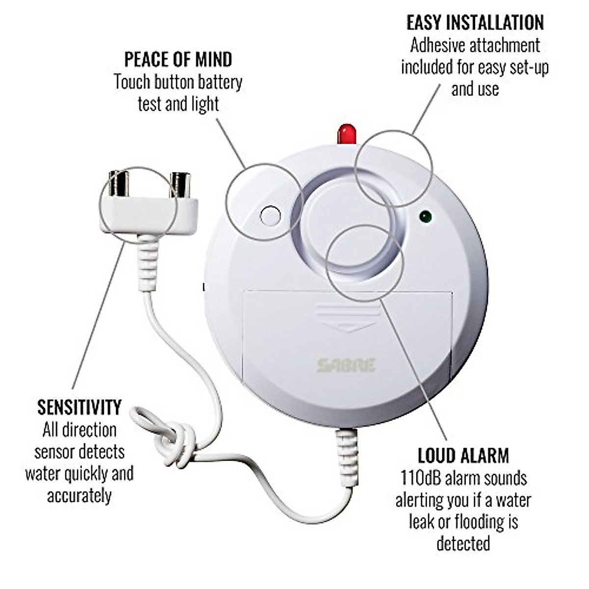 SABRE Water Leakage Alarm, 110 dB Alarm, Audible Up To 1,500-Feet (457-Meters), All Direction Water Sensor, High and Low Volume Settings, Battery Test Button