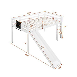 MWrouqfur Twin Over Twin Metal Bunk Bed, Low Bunk Bed with Safety Ladder and Children's Slide for Kids Teenagers, Saving Space, Easy Installation(White)