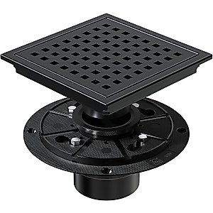 Dilvii 6 Inch Shower Drain Matte Black, Square Bathroom Floor Drain, Stainless Steel Drain Kit with Flange, Removable Grid Cover, Hair Strainer
