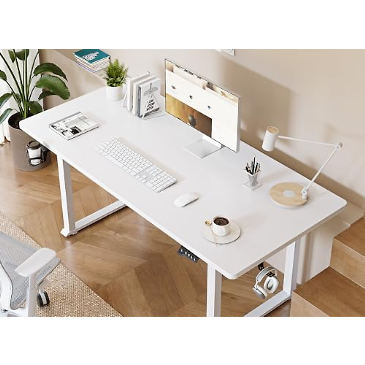 FEZIBO Standing Desk 4 Legs with Dual Motors, 63x29 Electric Standing Desk Adjustable Height with Strong stability, Stand up Desk with Whole-Piece Tabletop, White（2 Packeges）