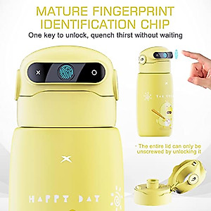 TAYUQEE Stainless Steel Thermo Cup, 470ml Kids Fingerprint Vacuum Insulated Bottles with Straw, USB Rechargeable Traveler Water Bottle - Yellow