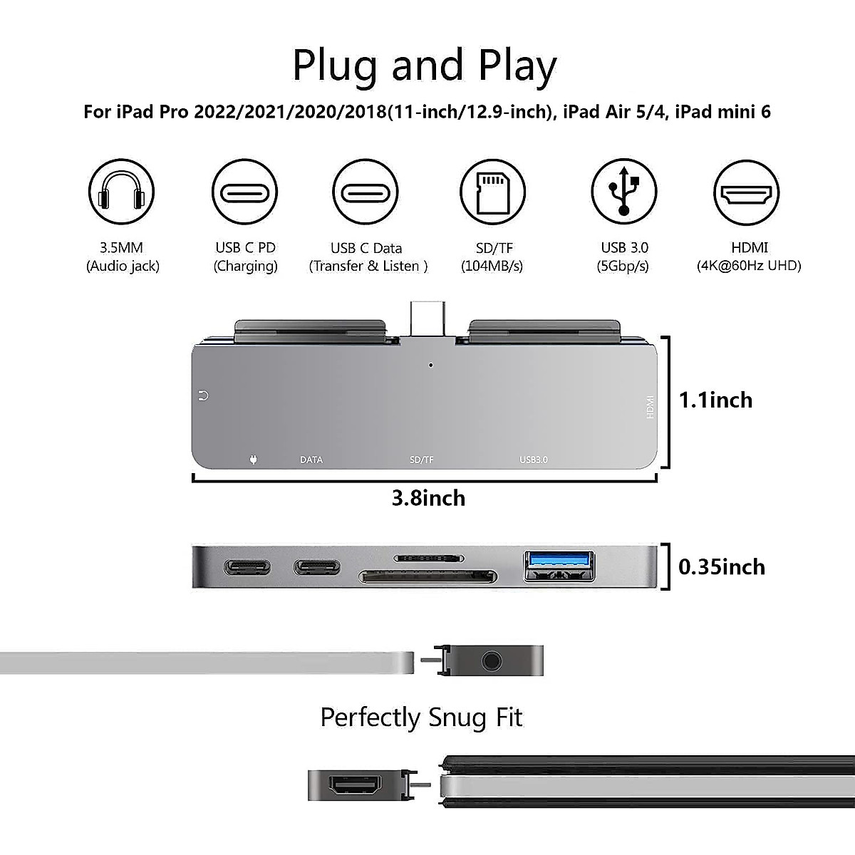 iPad Pro USB C Hub, 4K 60Hz HDMI 7-in-1 Adapter for iPad Pro M2 12.9 11 inch iPad Air 5 Docking Station, USB-C PD, SD/TF Card Reader, USB 3.0, 3.5mm Headphone Jack, iPad Mini 6 Accessories
