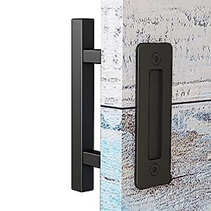 EaseLife 10" Sliding Barn Door Pull Handle with Flush Hardware Set,Double Sided,Heavy Duty,Square,Matte Black Powder Coated Finish,Easy Install