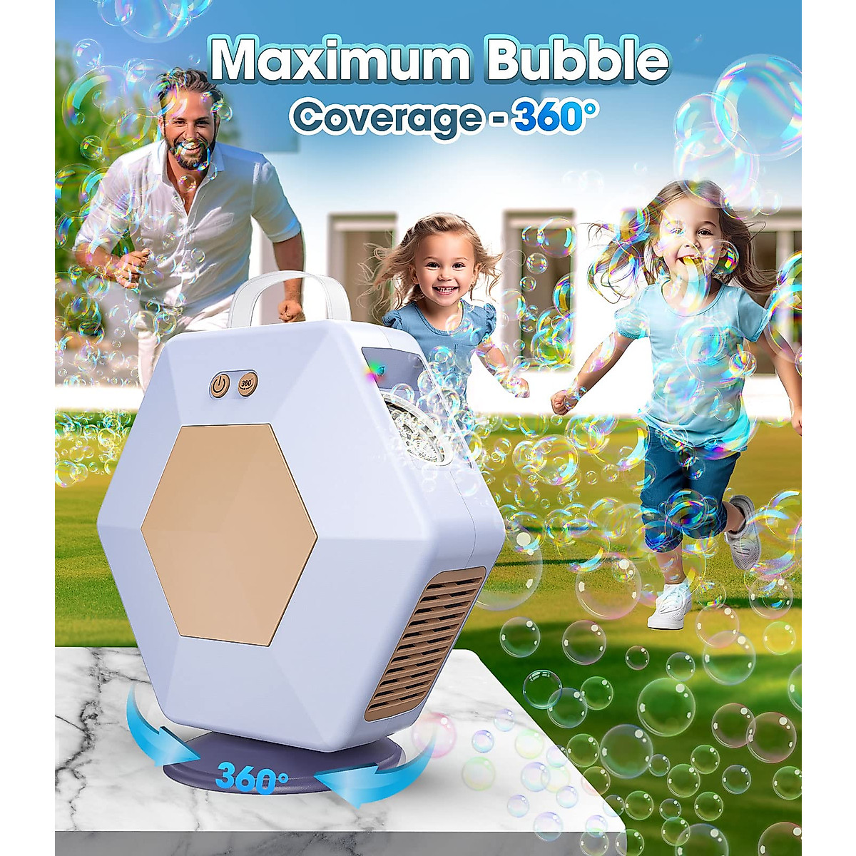 Beefunni Upgrade Bubble Machine Automatic Bubble Blower for Kids Toddler Adult,16000+ Bubbles/min, Bubble Machine Battery Operated, Rotatable 360° Bubble Toy for Outdoor Birthday Party, Baby Blue