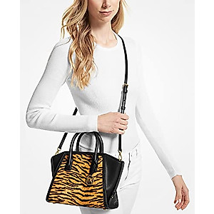 Michael Kors Avril Tiger Print Calf Hair Top Zip Small Satchel, Marigold