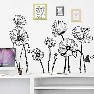 Creative Black Flowers Wall Stickers 3D Black Poppy Floral Wall Decals DIY Removable Large Black Vinyl Flower Plant Wall Art Decor for Teens Women Bedroom Living Room Nursery Office Decoration DT-1021