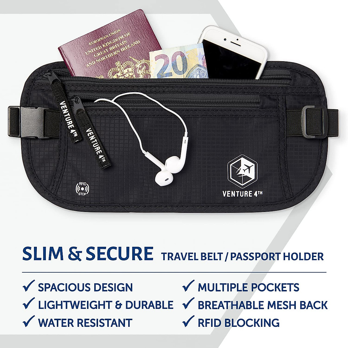 Travel Money Belt, RFID Blocking for Men & Women - Ideal for Keeping Your Cash, Credit Card, Passport, Phone Safe When Traveling (Pure Black)