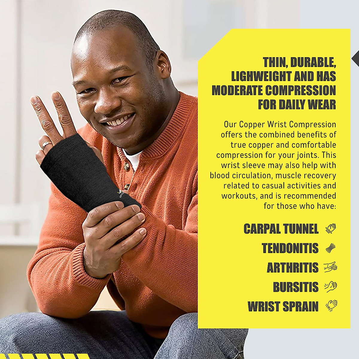 UptoFit - Copper Wrist Compression Sleeve, Hand Brace Wrist Support for Carpal Tunnel, Wrist Brace for Tendonitis, Breathable Copper Compression Sleeve, Dark/Black in Large, Pack of 1