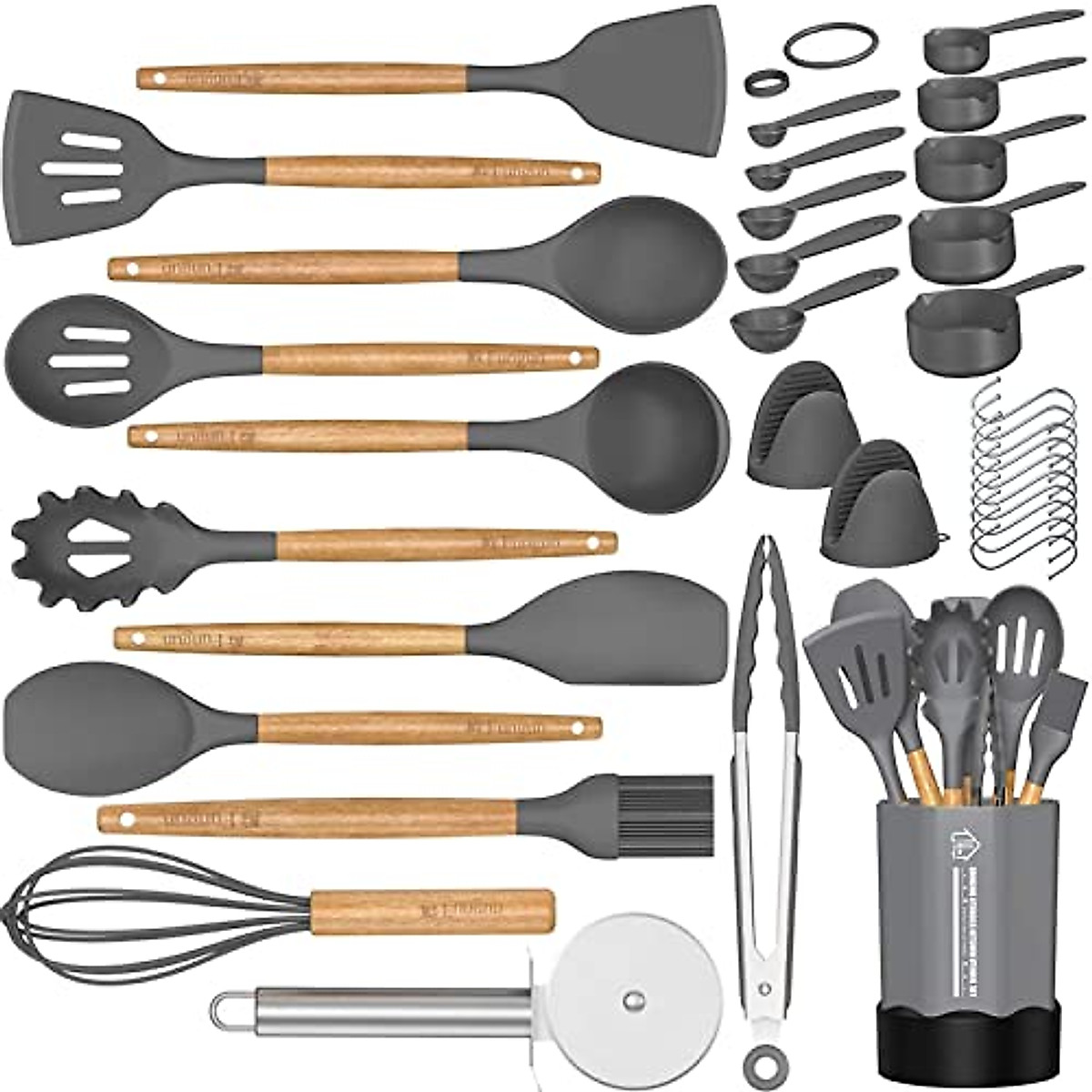 Silicone Cooking Utensil Set, 35 Pcs Kitchen Utensils Cooking Utensils Set by Fungun, Non-stick Heat Resistant Kitchen Gadgets Cookware with Natural Wooden Handle -(Gray)