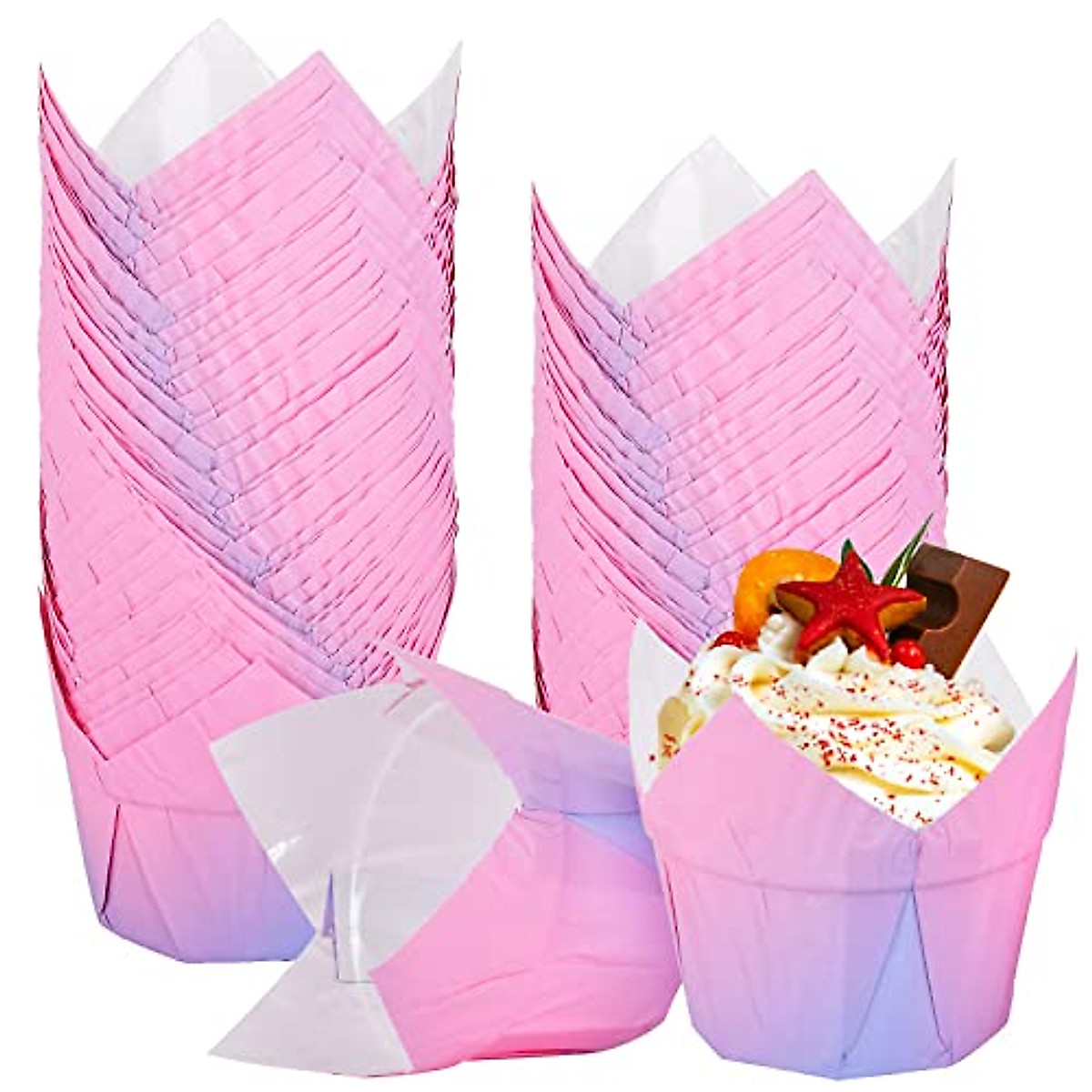 100 Pack Tulip Baking Cupcake Liners, Food Grade Greaseproof Paper Dessert Cup, Festival Gradient Color Muffin Cups Holder, 2x2 inches Cake Container Wrapper for Party, Wedding, Birthday, Christmas