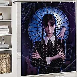4 Pcs Wednesday Addams Shower Curtain Sets with Non-Slip Rug,Toilet Lid Cover and Absorbent Carpet Bath Mat,Durable Waterproof Shower Curtain with 12 Hooks for Bathroom 70.8" 70.8" (K, One Size)