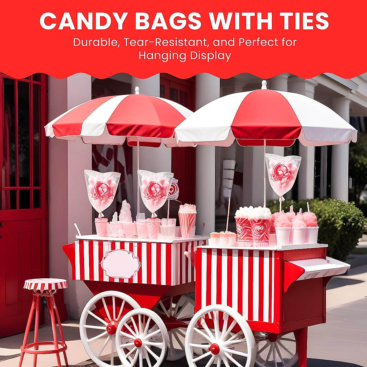 Clear Cotton Candy Bags with Ties, Bulk 500 Count, Cotton Candy Supplies Perfect for Cotton Candy Sticks and Cotton Candy Cones, Cotton Candy Bulk Individual Bags for Cotton Candy Stand Accessories