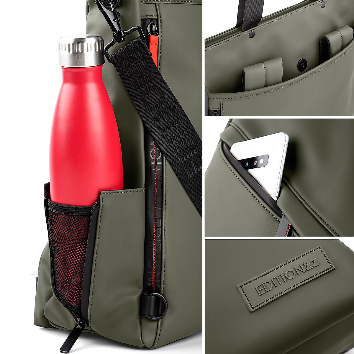 EDITION22 Core Collection 2-in-1 Convertible Tote Bag and Laptop Backpack Side Pockets, Water Repellent Vegan Leather Purse and Bookbag for Work, School, and Travel Essentials, Khaki