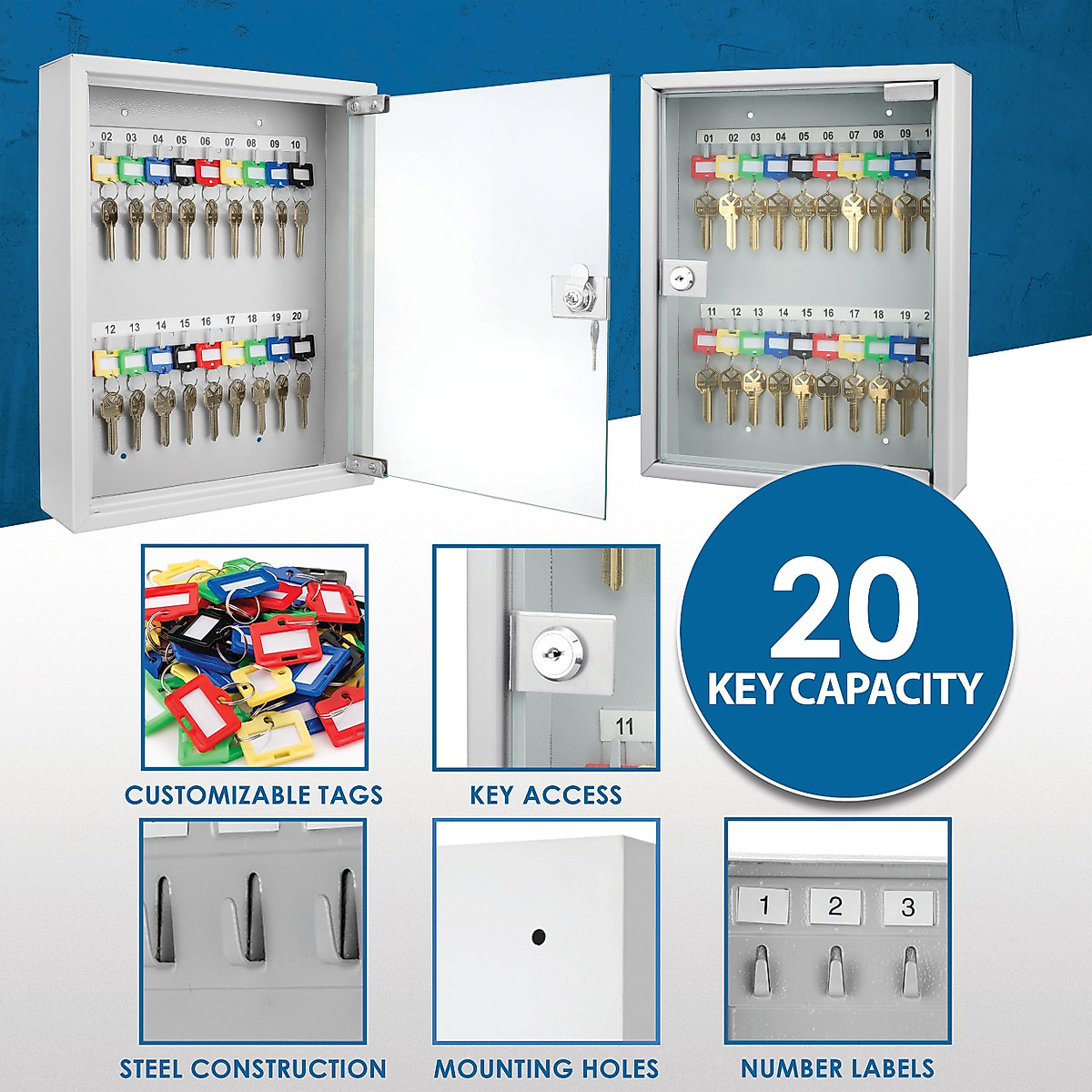 Barska CB12952 Key Lock 20 Position Key Cabinet with Glass Door Grey