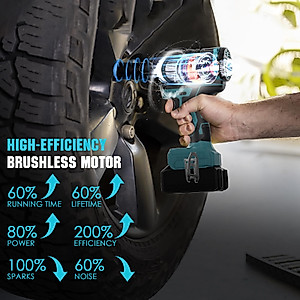 PFCTART Cordless 1/2 inch Brushless Impact Wrench, 1200Nm(900ft-lbs) High Torque Impact Gun w/2x 4.0Ah Batteries, Fast Charger & 6 Sockets, Tool Box