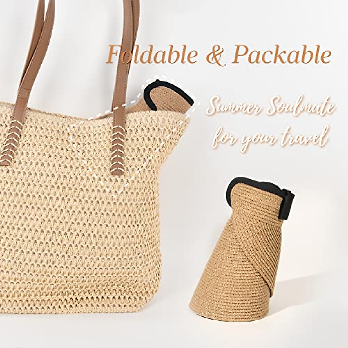 FURTALK Hat Straw Sun Visors for Women Summer Packable Ponytail Beach Hats for Travel UPF 50+ (Wide Brim Khaki, One Size)