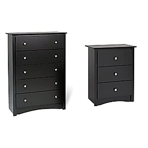 Prepac Sonoma Nightstand, Tall 3-Drawer, Black & Black Sonoma 5 Drawer Chest