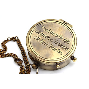 Second Star to The Right J. M. Barrie, Peter Pan Engraved Brass Compass for Anniversary, Birthday, Graduation Day, Confirmation Gift, Valentine Gift Parting Gift with Wooden Case.