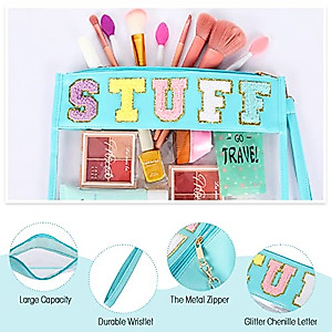 9PCS Clear Chenille Letter Bag Multi-purpose Stuff Snack Pouch Bag PVC Preppy Makeup Stuff Bag with Wristlet Waterproof Snack Stadium Bag Organizer Cosmetic Bag for Women Travel (Multicolor,Stuff)