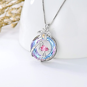 TOUPOP Flamingo Gifts for Women 925 Sterling Silver Flamingo Pendant Necklace with Purple Circle Crystal Flamingo Lovers Jewelry Gifts for Women Birthday Christmas