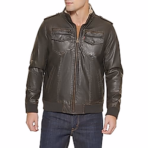 Levi's Men's Faux Leather Aviator Bomber Jacket (Regular & Big & Tall Sizes), Dark Brown/Sherpa Lined, M