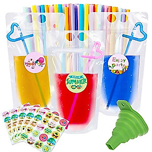 100 Pcs Drink Pouches for Adults Stand-Up Juice Pouches, Hand-Held Reclosable Drink Bags Plastic Zipper Juice Bags with Straws Silicone Funnel(Come with 100 Pcs Round Stickers)