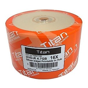 Titan Silver Inkjet Hub Printable 16X DVD-R Media 50 Pack in Plastic Wrap (T6891190)
