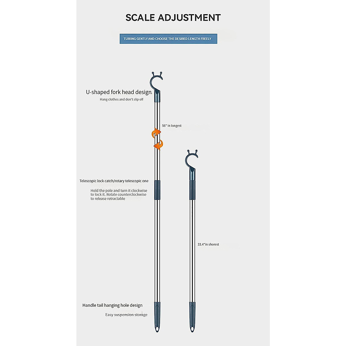 Reach Stick Long Pole Utility Hook 56" Extended Reaching Tool for High Area Closet Ceiling