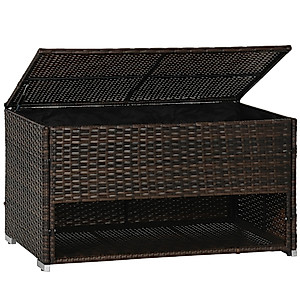 Outsunny Outdoor Deck Box and Waterproof Shoe Storage, PE Rattan Wicker Towel Rack with Liner for Indoor, Outdoor, Patio Furniture Cushions, Pool, Toys, Garden Tools, Brown