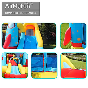 AirMyFun Inflatable Bounce House,Bouncy Castle with Air Blower,Play House with Ball Pit,Inflatable Kids Slide,Jumping Castle with Carry Bag(Rocket Theme)