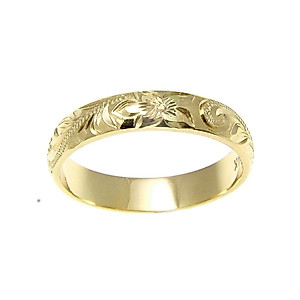 Arthur's Jewelry 14K solid yellow gold custom hand engrave Hawaiian plumeria scroll band ring 4mm size 11