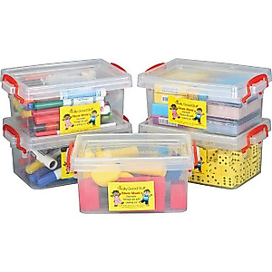Really Good Stuff Small Clear Plastic Stackable Storage Tubs with Locking Lid – Red Handles Lock Lid in Place – Hold Supplies, Manipulatives and More in Classroom or Home, 8”x4”x5” (Set of 5)