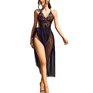 Avidlove Women Lingerie Sexy Nightgown 2 pieces Set Lace Teddy Sheer Wrap Skirt Black Small