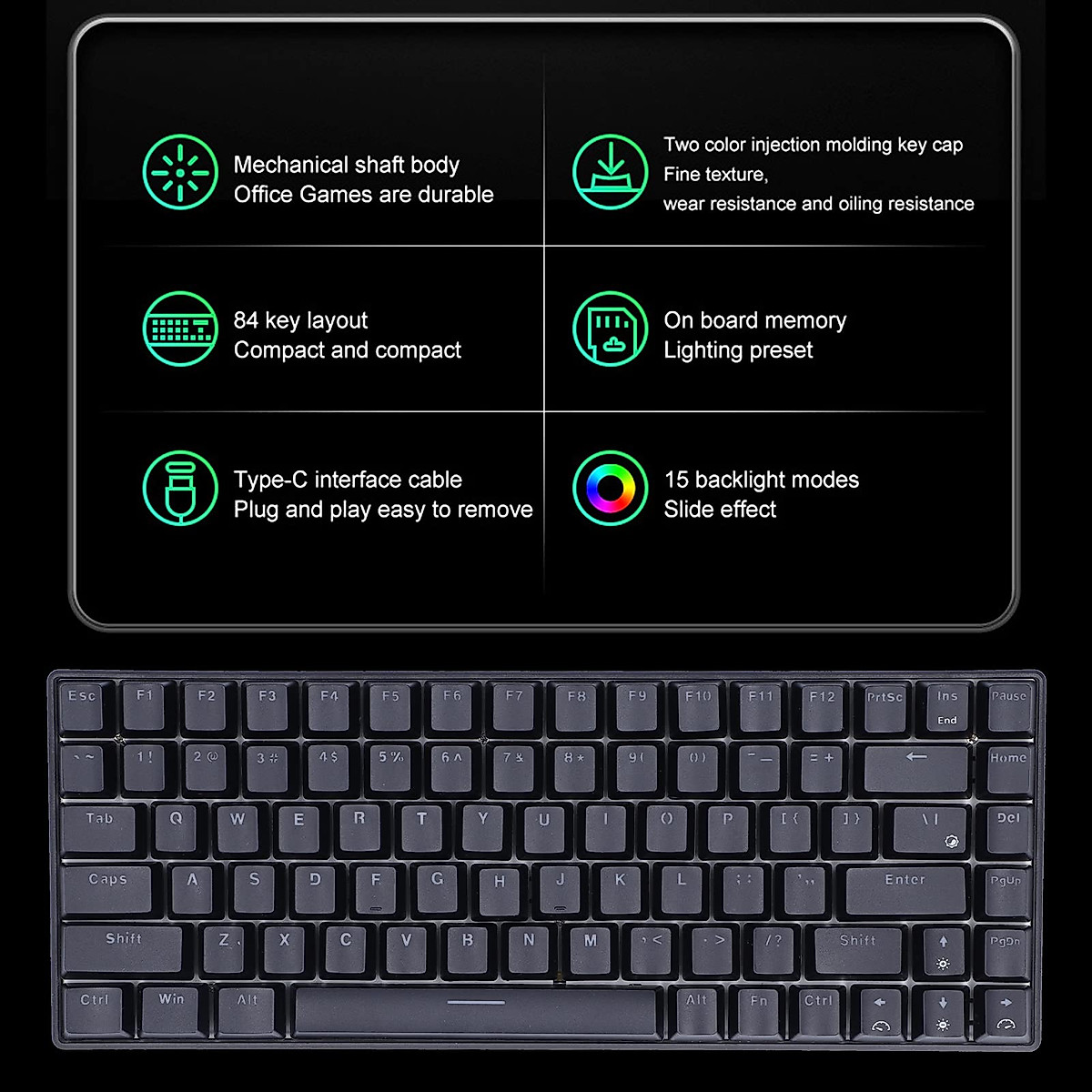 ASHATA TypeC Wired Gaming Keyboard, Portable 84 Keys Type‑C Backlight Gaming/Office Keyboard for PC/Laptop, Blue Switch (Black Blue axis Mixed Light)