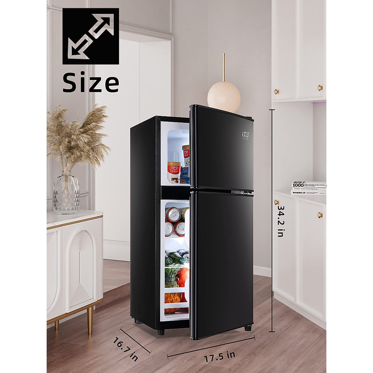 KRIB BLING Compact Refrigerators with Freezer on Top, Mini Fridge 7- Level Adjustable Thermostat, Small Refrigerator for Apartment, Office, Camping, Black, FLS
