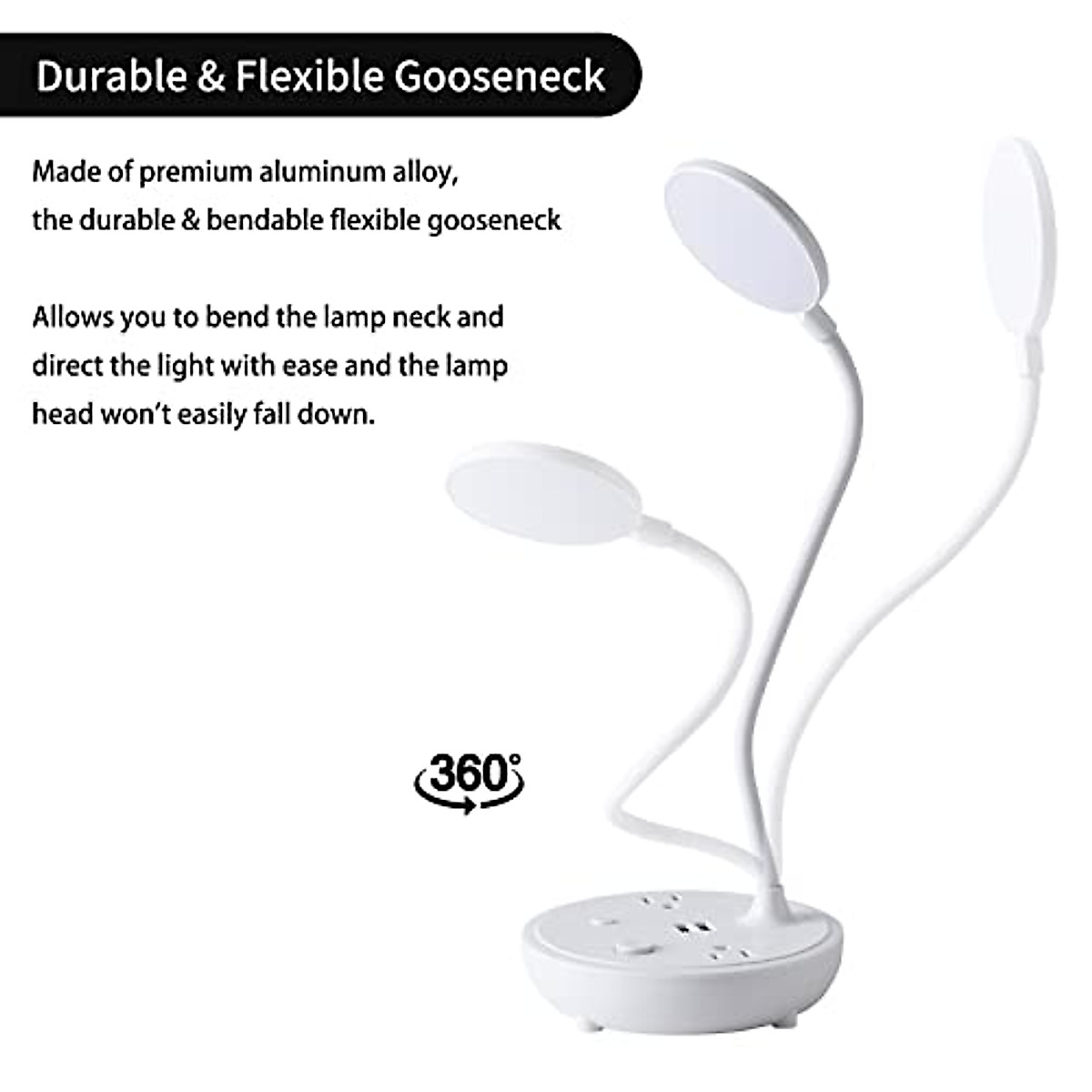 LED Desk Lamp, Eye-Caring Desk Lamp for Home Office, Adjustable Gooseneck Desk Light with 2 USB Charging Port and 2 AC Power Outlet, Super Bright Small Desk Lamp as Bedside Reading Lamp, Study Lamp