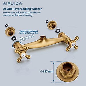 Airuida Antique Brass Wall Mount Commercial Sink Faucet Wall Mounted Kitchen Faucet 360 Rotatable Spout 2 Hole Double Cross Handles 8 Inch Center Tap for Utility Laundry Restaurant Sink