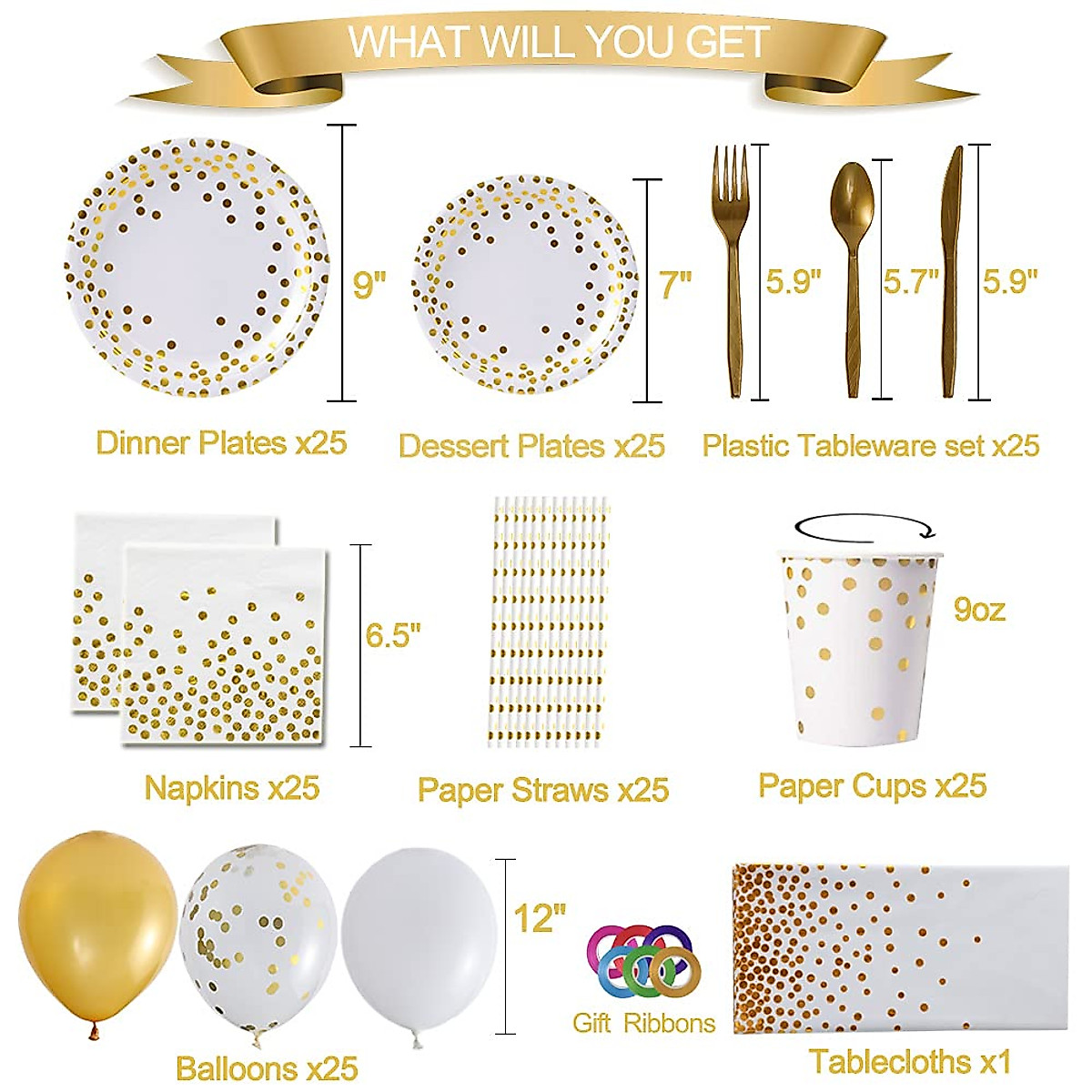 White and Gold Party Supplies Disposable Set 226 Pieces Serves 25 Guests Golden Dots Party Dinnerware, Paper Plates Napkins Cups, Gold Plastic Forks Knives Spoons Balloons for Wedding Birthday Party