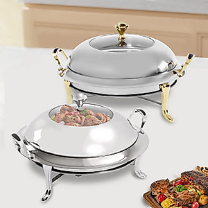 Stainless Steel Flat-Bottomed Chafing Dish, Round Durable Buffet Warmer Tray Durable Frame with Lid and Chafing Fuel Holder for Kitchen Party Dining Buffet-Without Water Pan (Gold-14.96in)