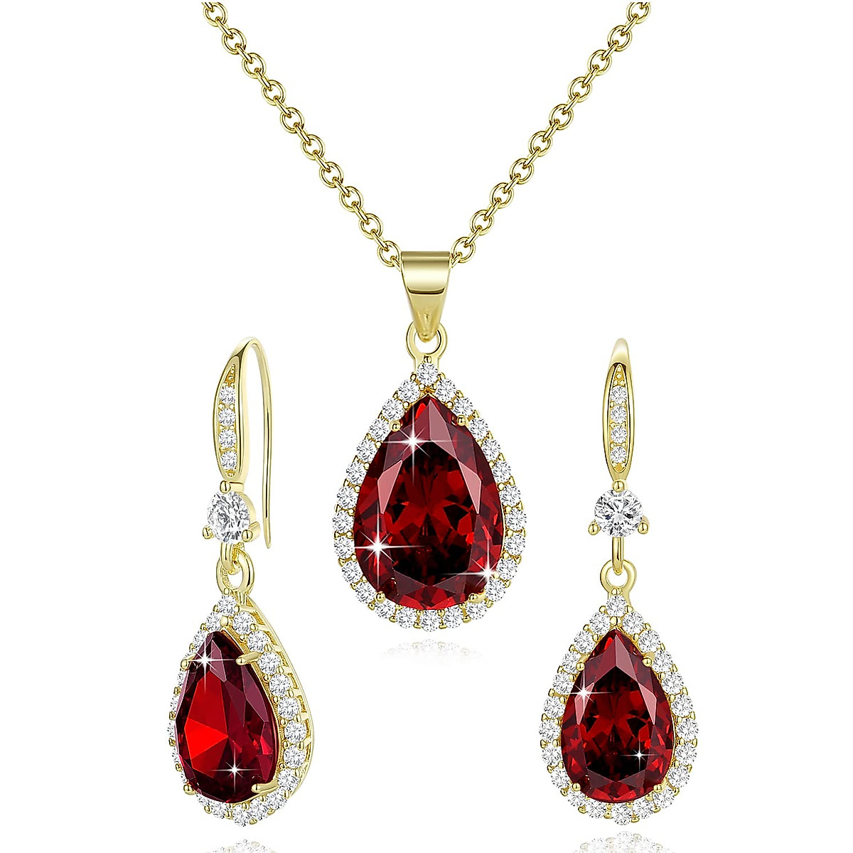 Women Jewelry Set Silver/Gold Plated Teardrop Pendant Necklace Dangle Drop Earrings Dangling Sets Birthstone Crystals Rhinestone,Birthday Anniversary Wedding Mother’s Day Gifts for Women Yellow Gold Plated Garnet