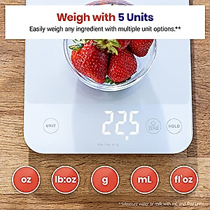Etekcity Luminary Lite 22lb Food Kitchen Digital Scale, IPX6 Waterproof, Rechargeable, Ounces and Grams for Weight Loss, Cooking, Baking, 0.05oz/1g Precise Graduation, Silver White